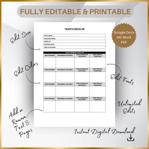 Weekly Team Check-in Template: Meeting Update Form (printable PDF ...