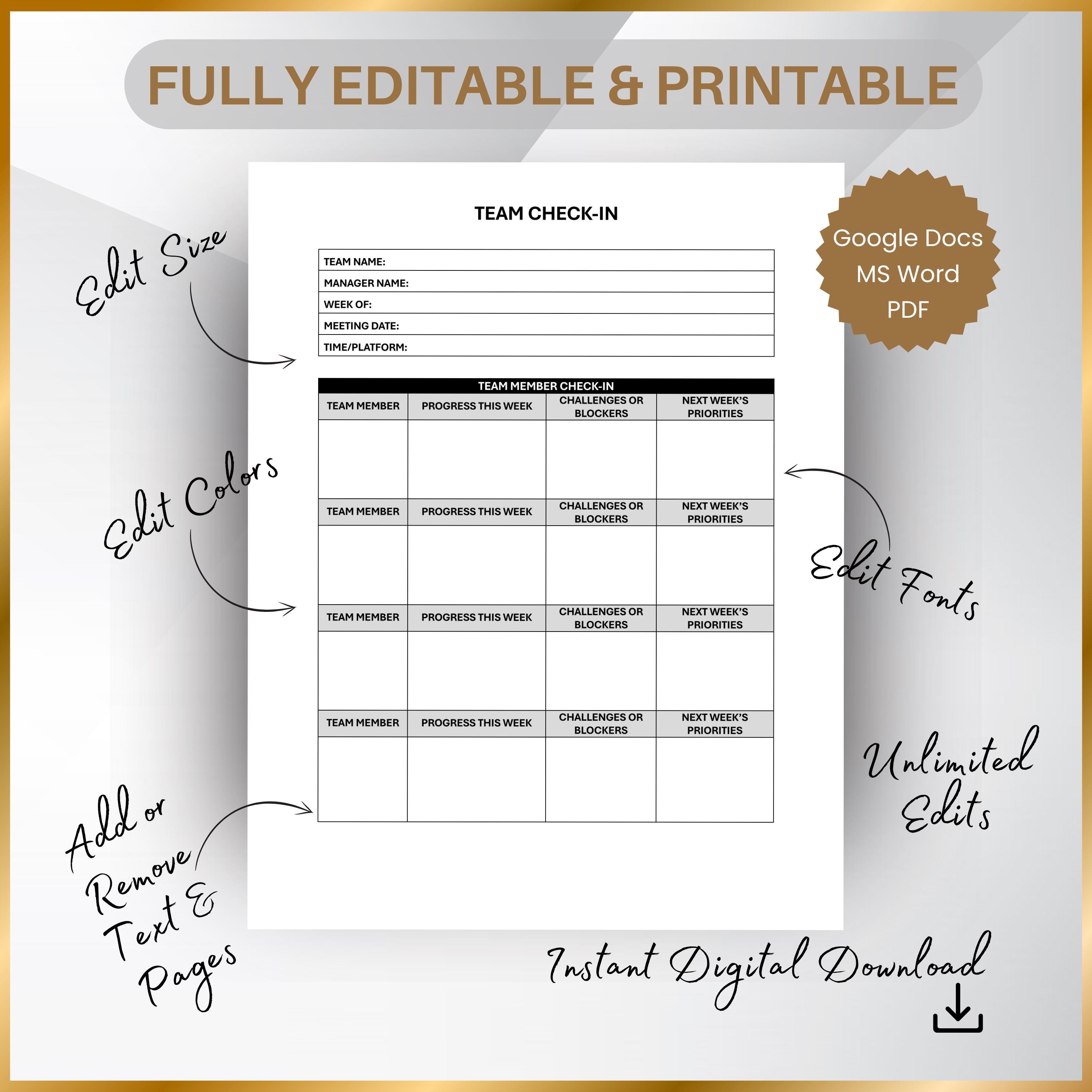 Weekly Team Check-in Template: Meeting Update Form (printable PDF ...