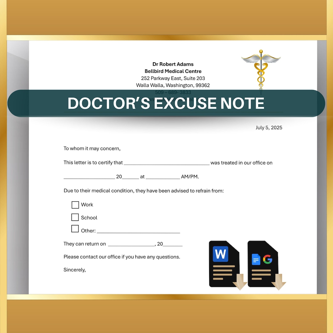 Doctors Excuse Note for Work, Editable Doctors Note Template, Doctor ...