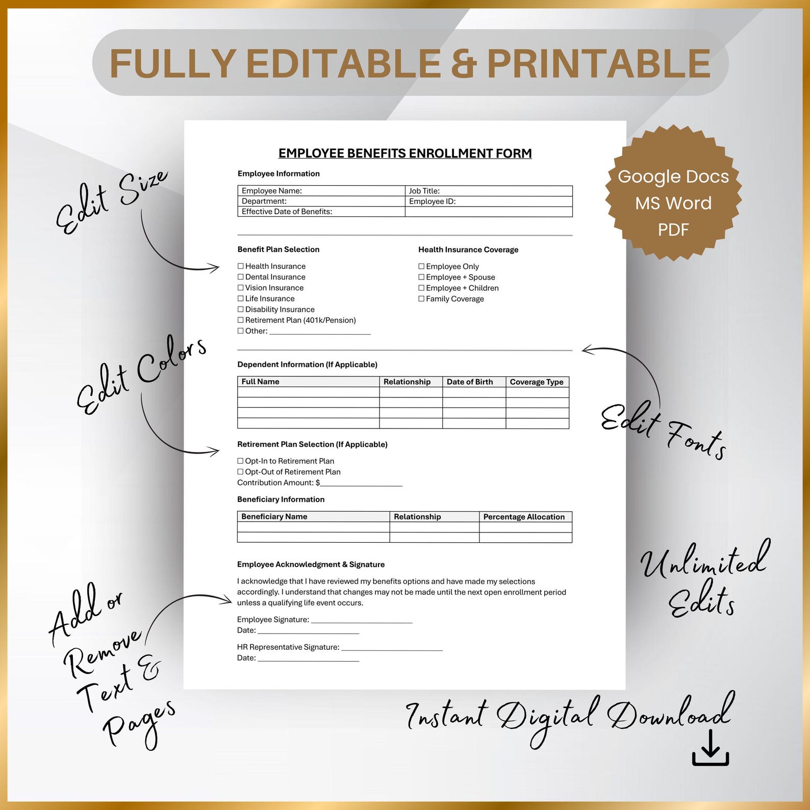 Employee Benefits Enrollment Form Template (word, PDF, Google Docs) - Etsy