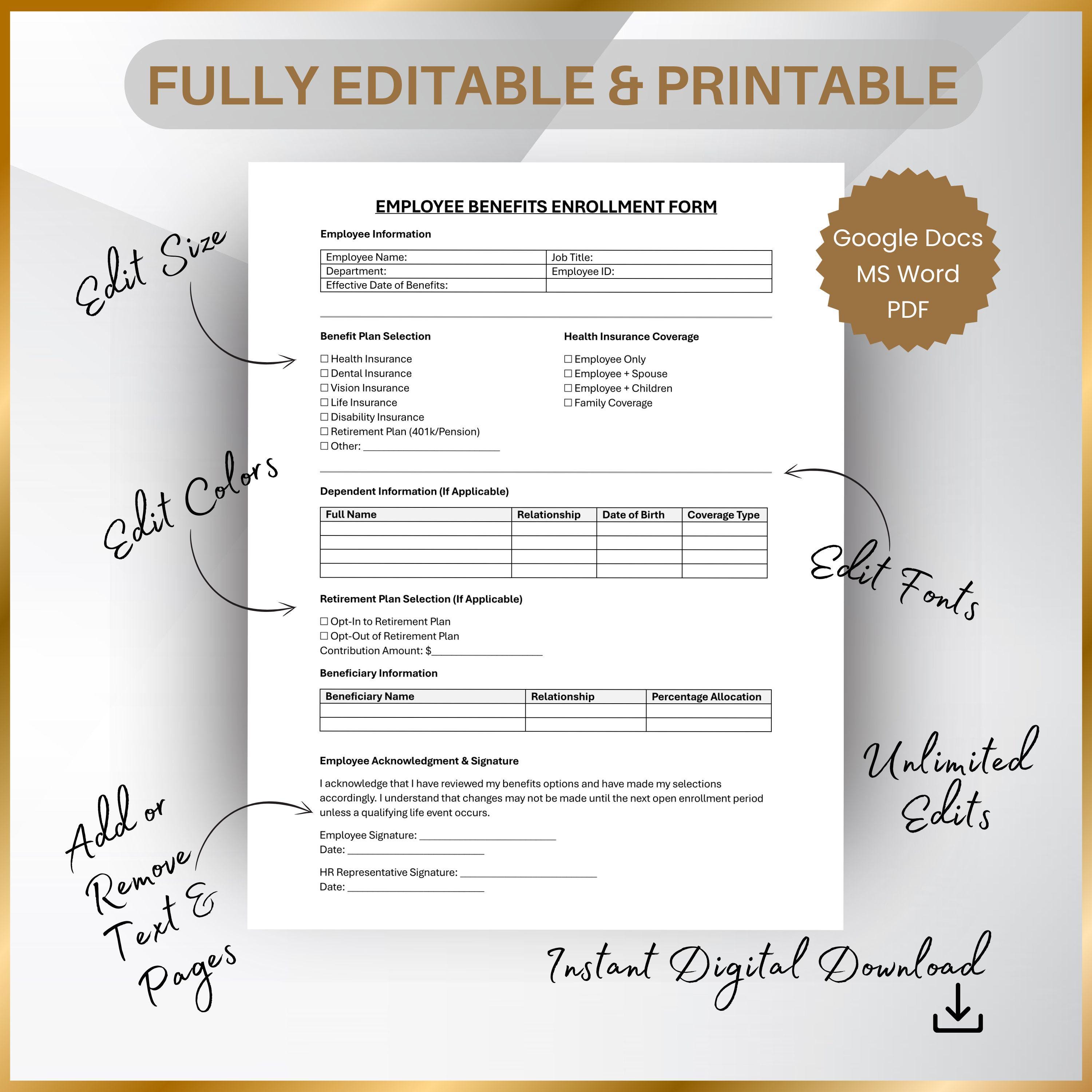 Employee Benefits Enrollment Form Template (word, PDF, Google Docs) - Etsy