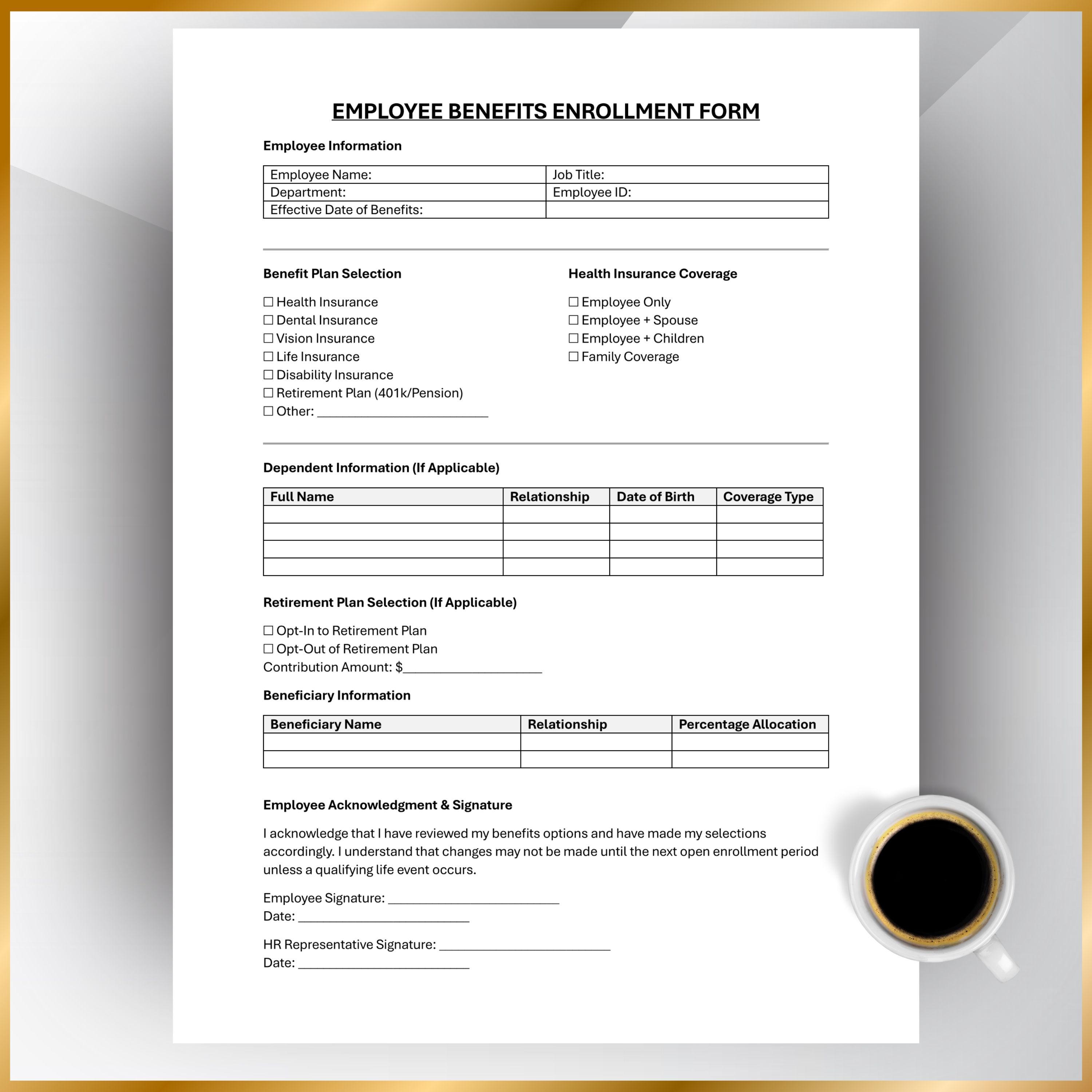 Employee Benefits Enrollment Form Template, Workplace Health Plan ...