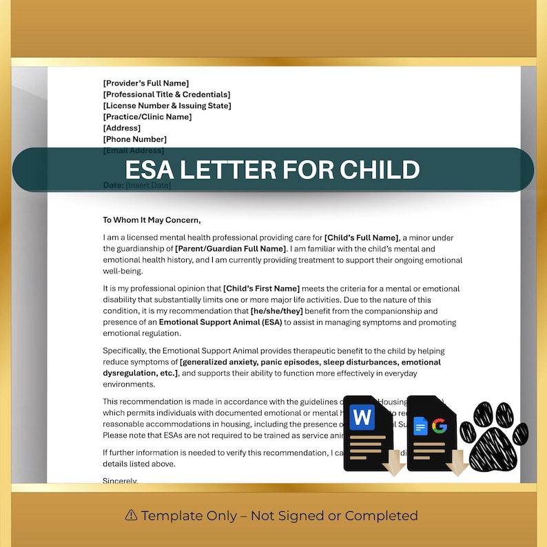 ESA Letter Template for Child | Companion Animal Letter for Minor ...
