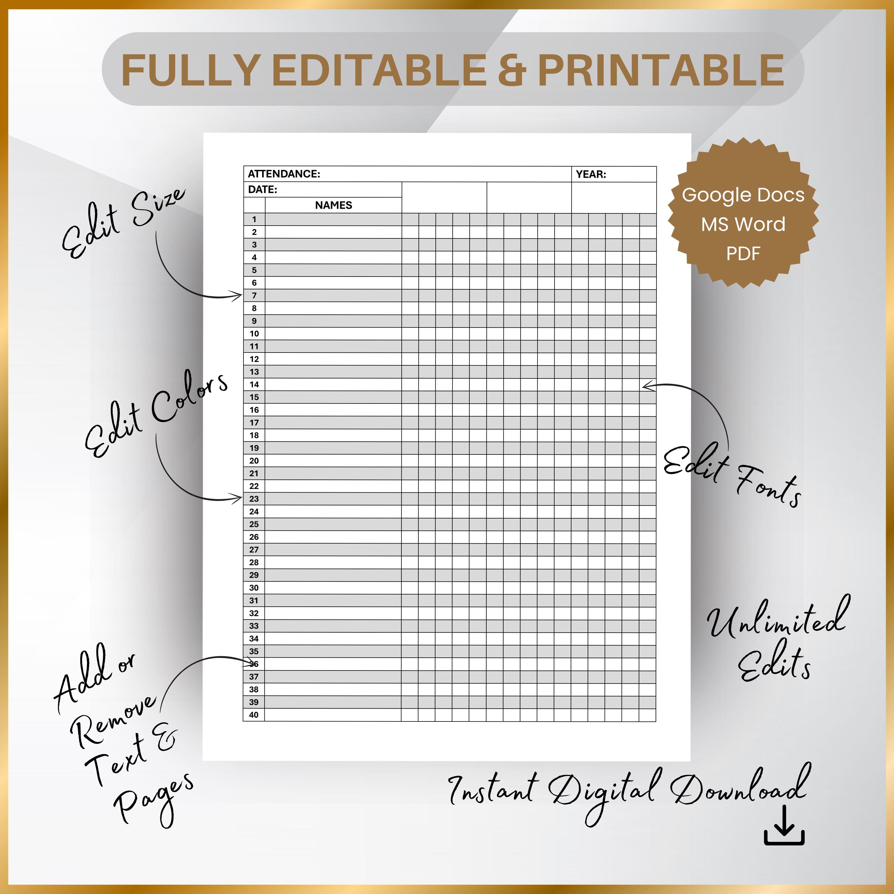 Attendance Tracker Template: Editable Class, Group, or Event Roll Sheet ...