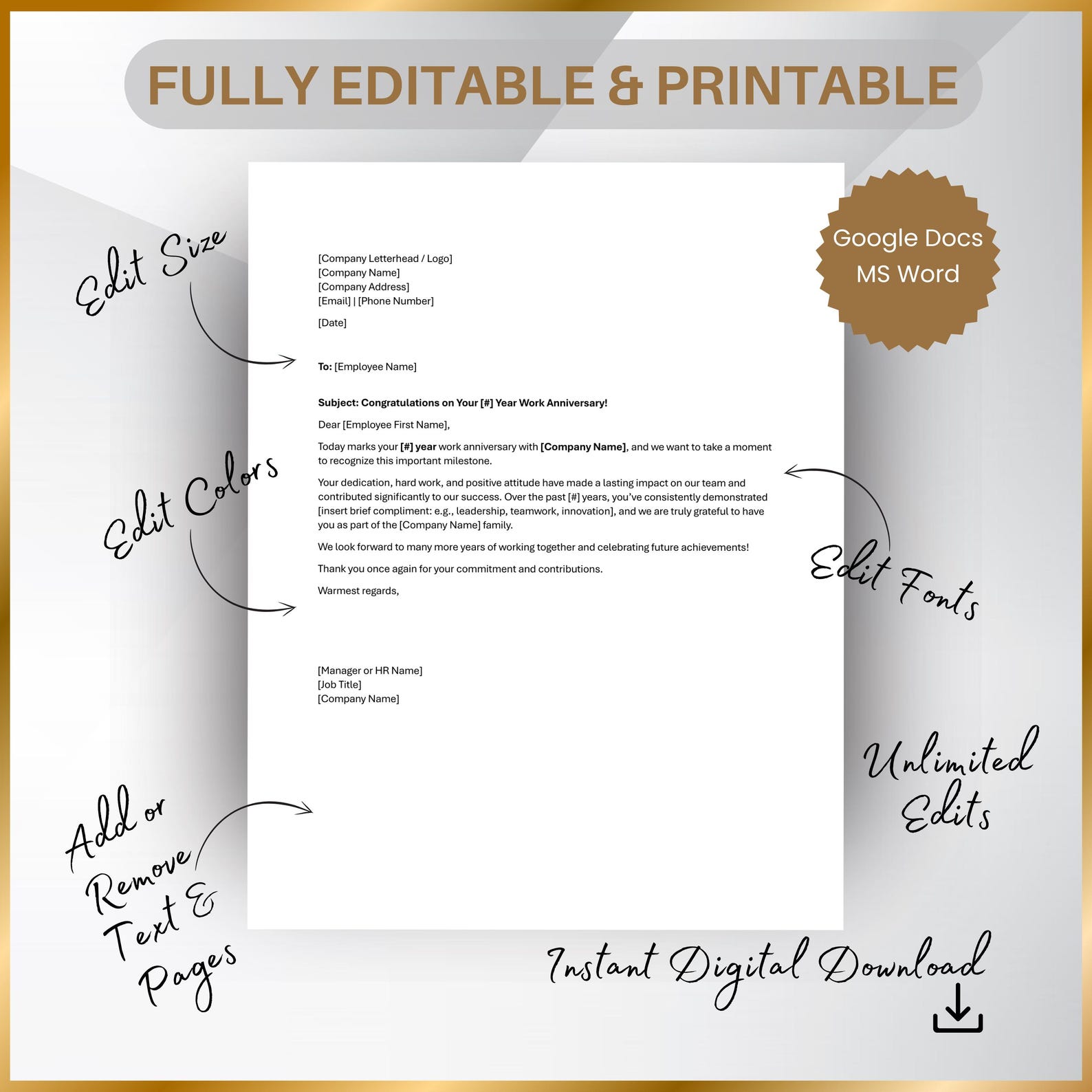 Work Anniversary Letter Template: Employee Recognition and Appreciation ...