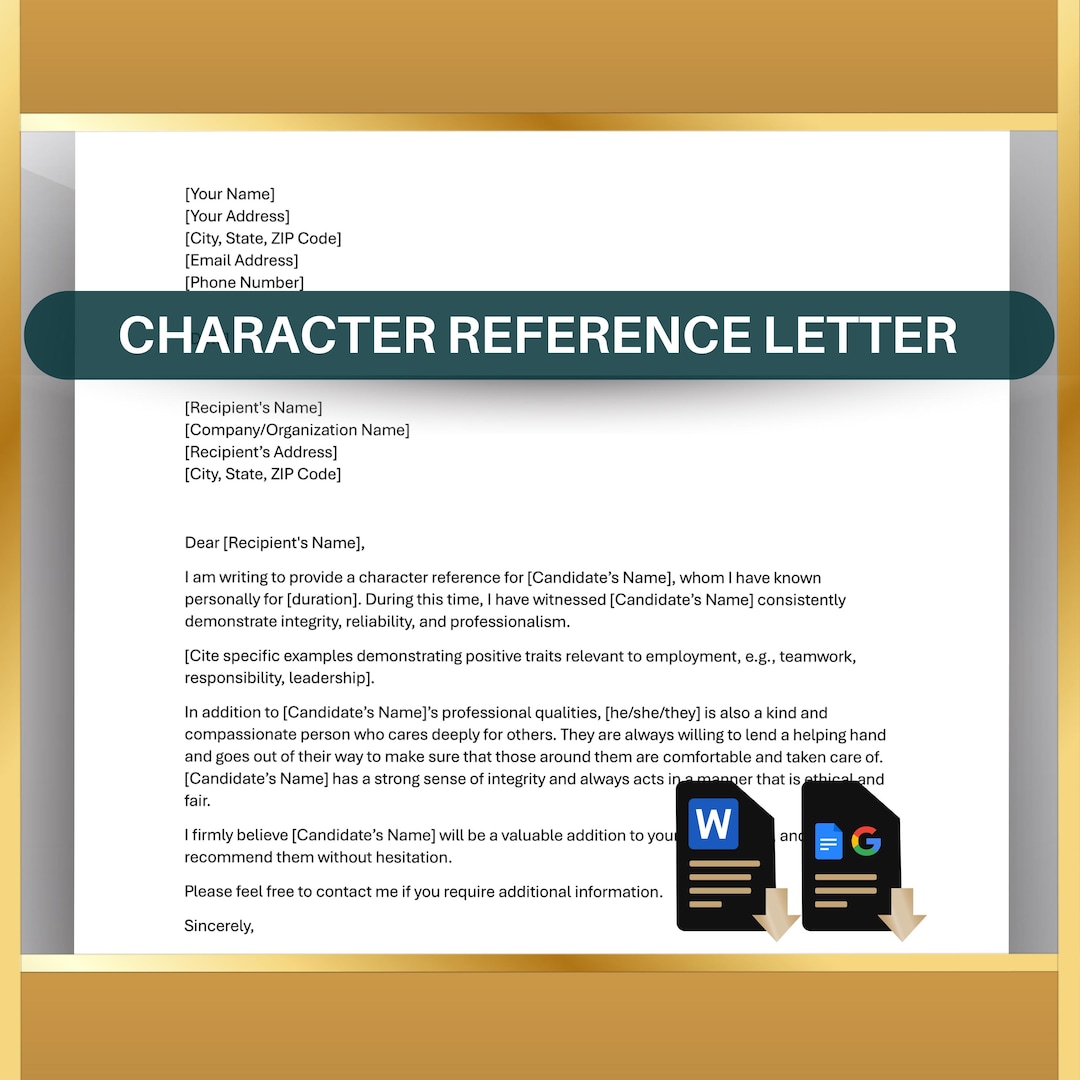 Character Reference Letter | Editable Reference Template | Professional ...