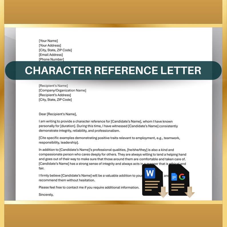 Character Reference Letter Template | Editable Professional ...