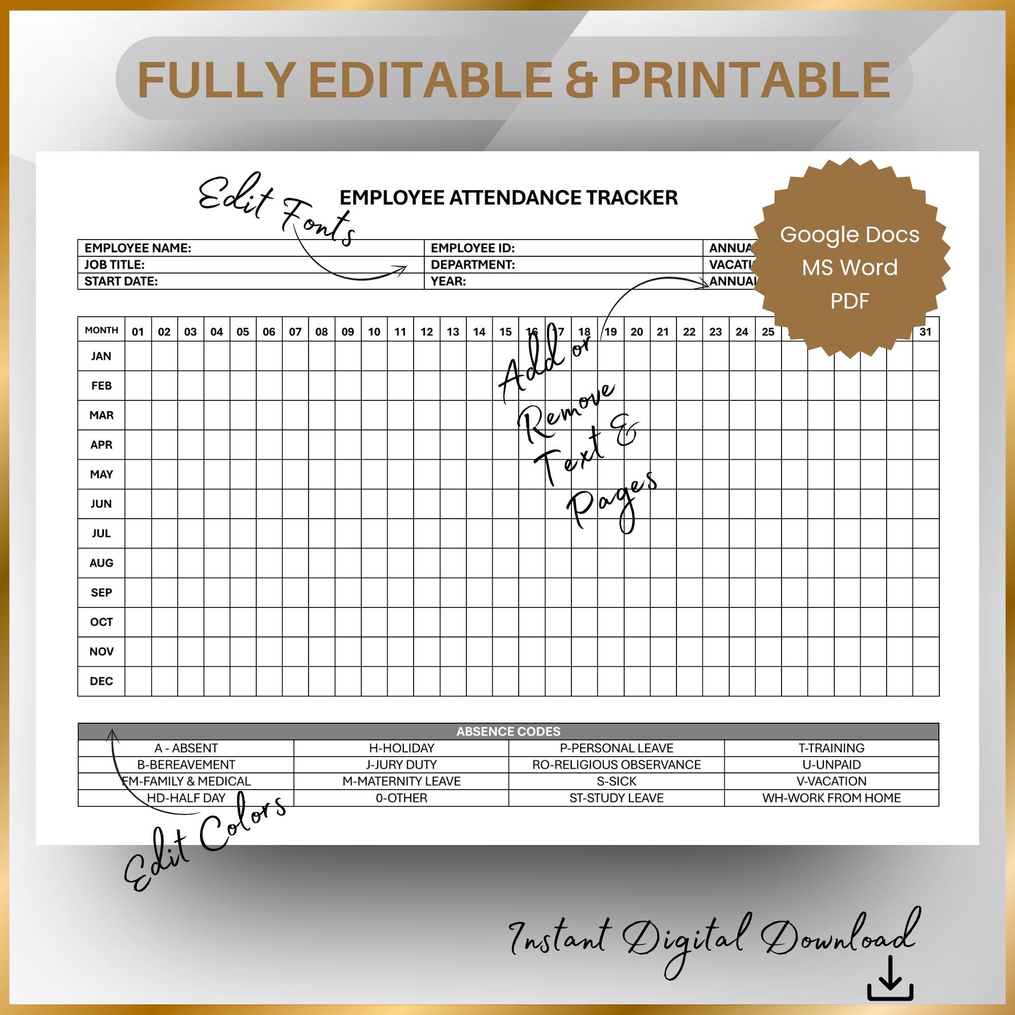 Employee Attendance Tracker: HR Template for Staff Work Hours Logging ...