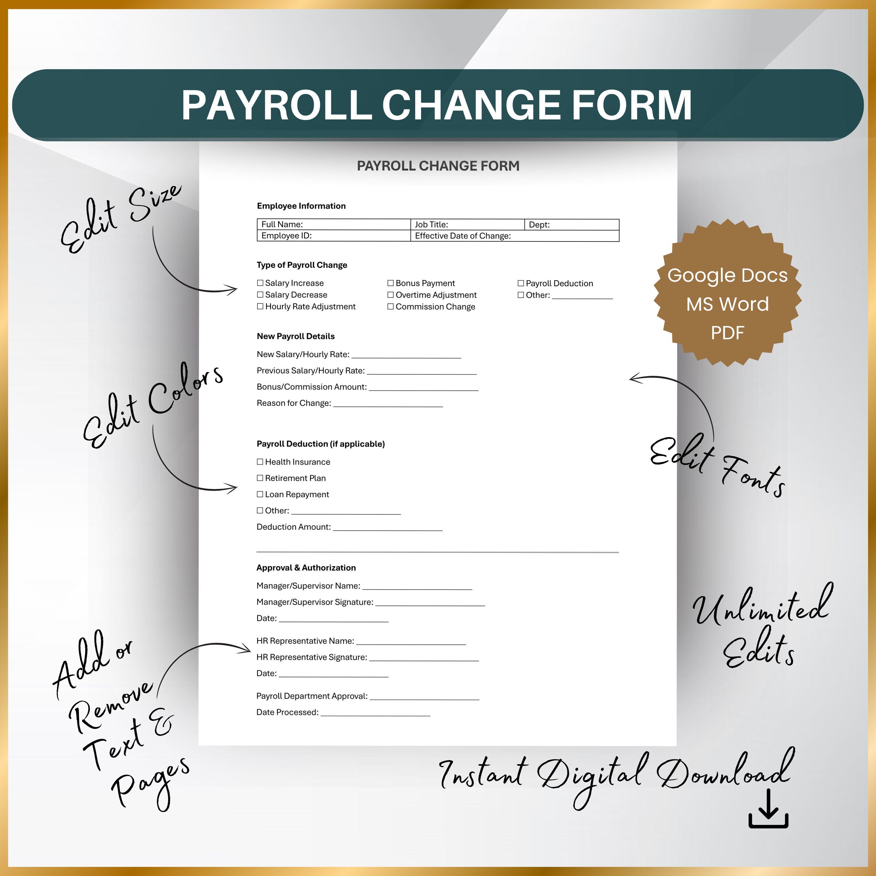 Employee Status Change Form, Payroll Adjustment Template, HR Benefits ...