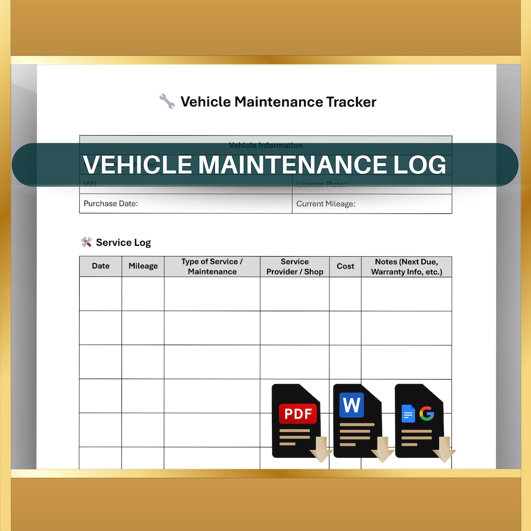 Vehicle Maintenance Tracker | Car Service Log, Auto Repair Record Sheet ...