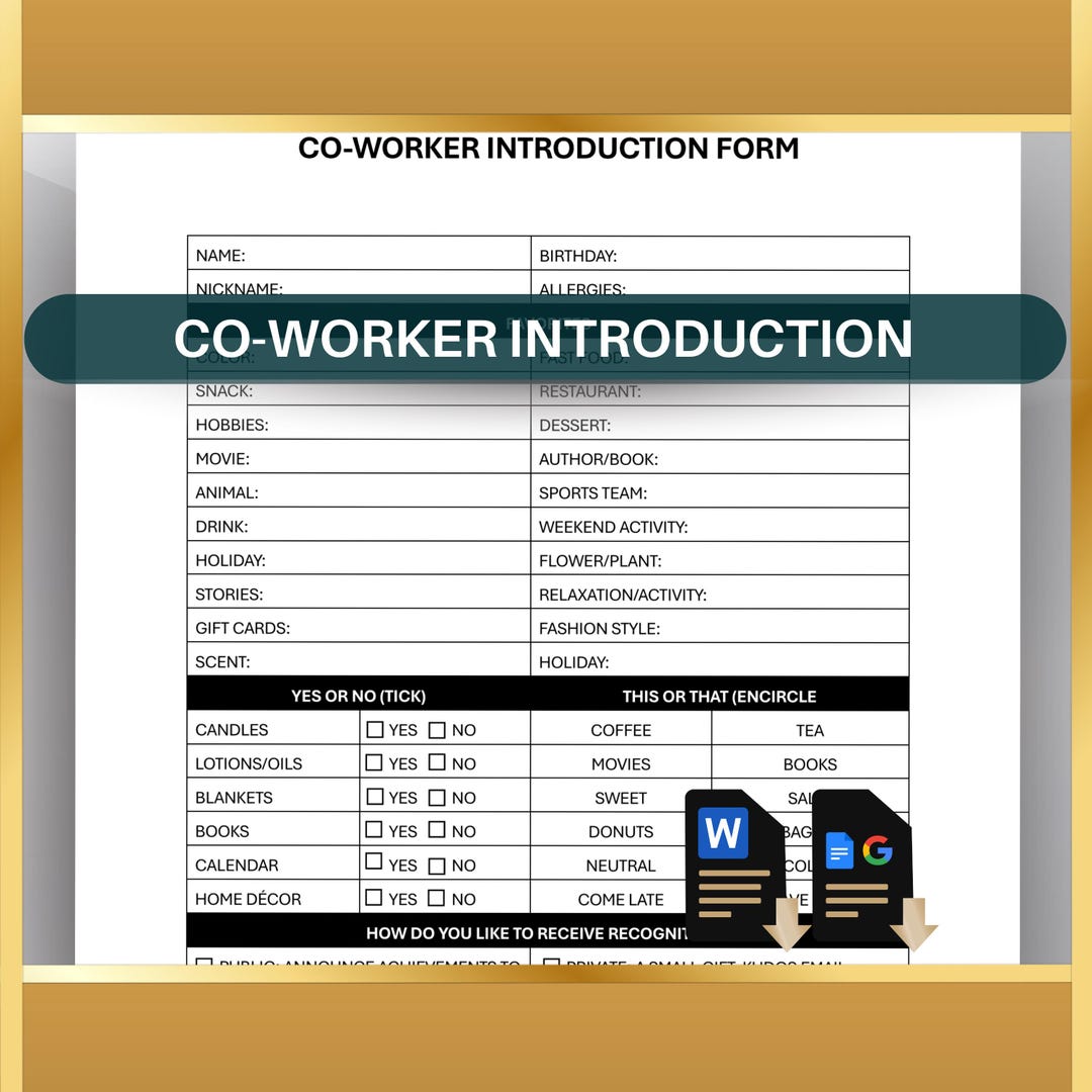 Co-worker Introduction Form, Employee Get to Know You Template, HR Icebreaker Sheet, Team ...