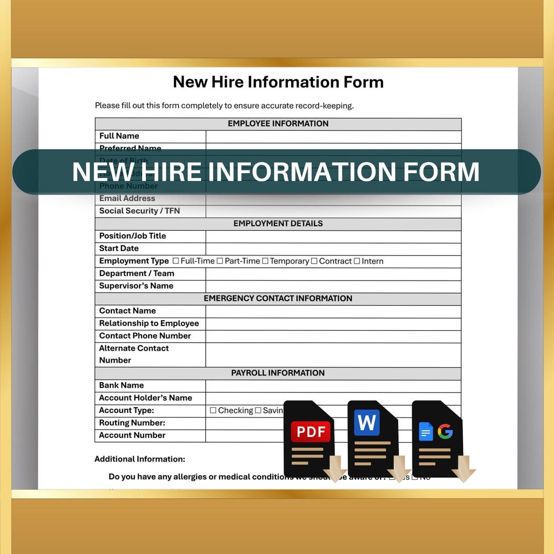 New Hire Information Form, Employee Onboarding Template, HR Recruitment ...