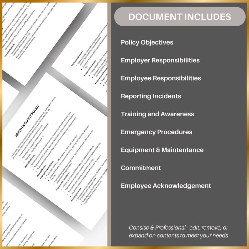 Health & Safety Policy Template | Workplace Safety Form | HR Compliance Document | Business Use ...
