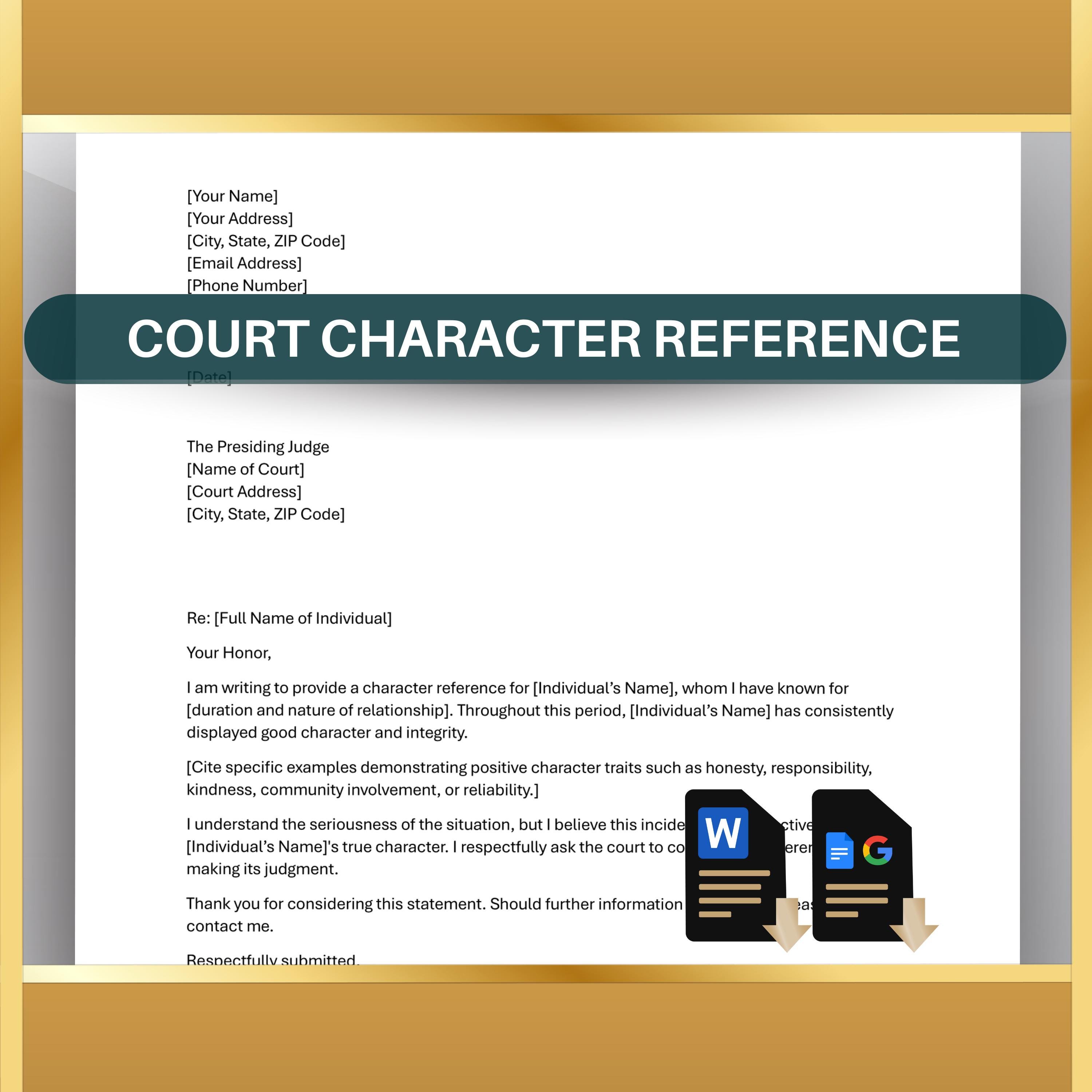 Court Character Reference Letter, Editable Testimonial Template Legal ...