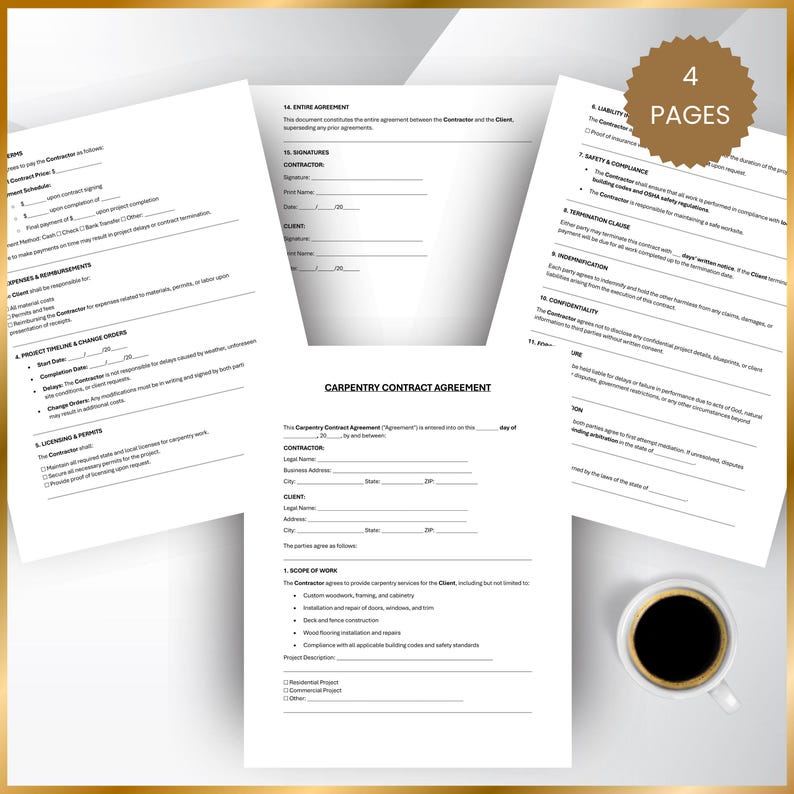 Carpenter Contract Template: Woodworking Carpentry Agreement for ...