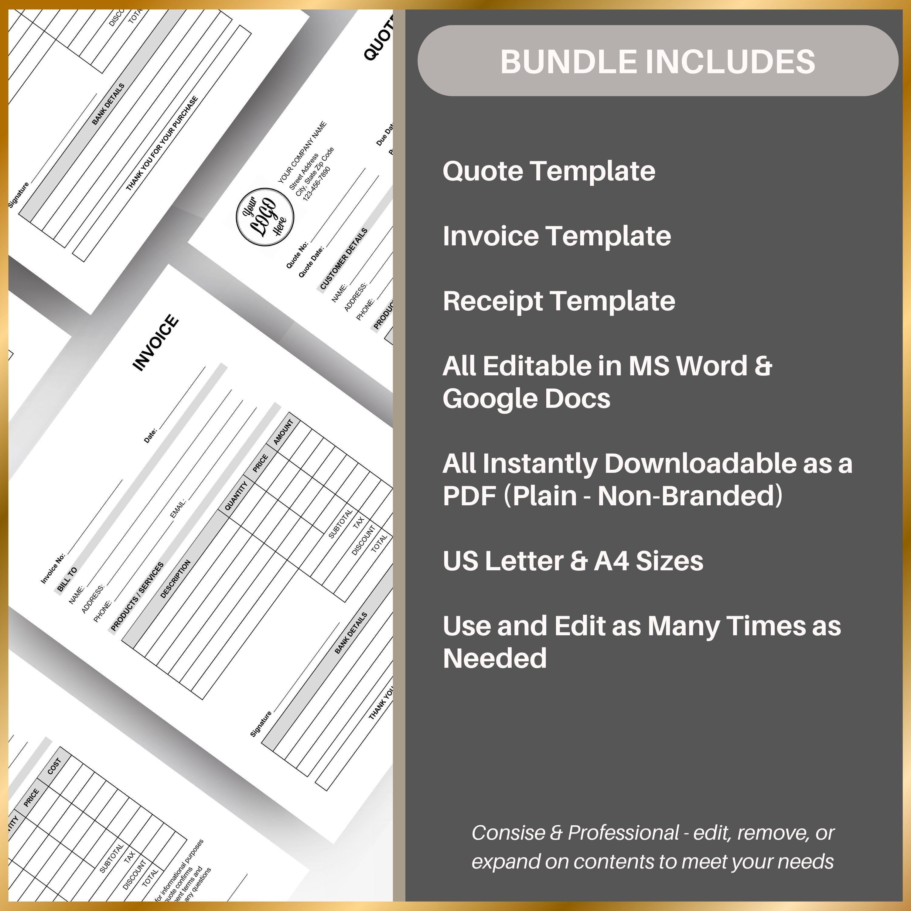 Quote, Invoice & Receipt Template Bundle (printable PDF, Editable Word ...