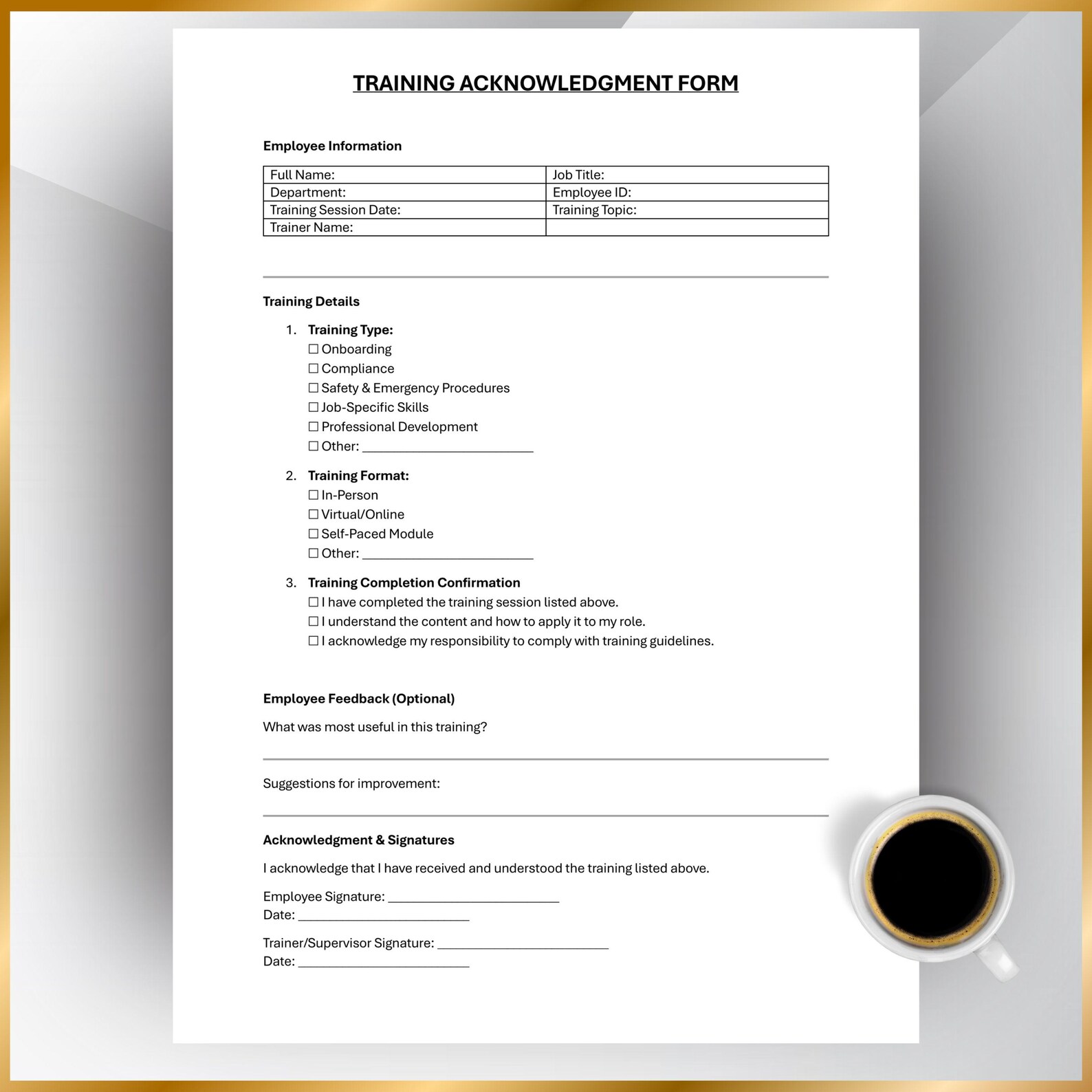 Training Acknowledgment Form, Employee Training Record, Compliance ...