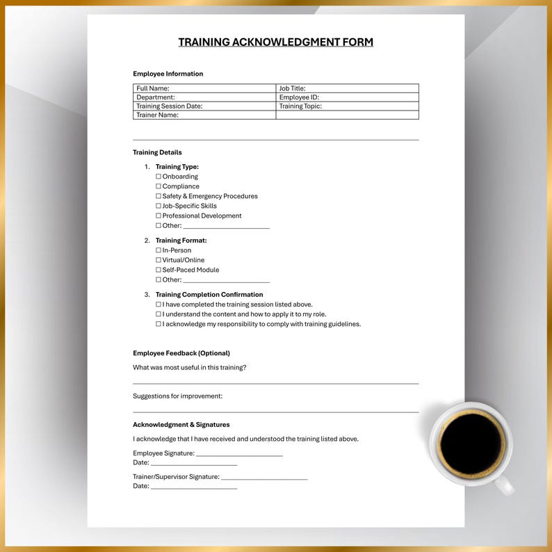 Training Acknowledgment Form, Employee Training Record, Compliance ...