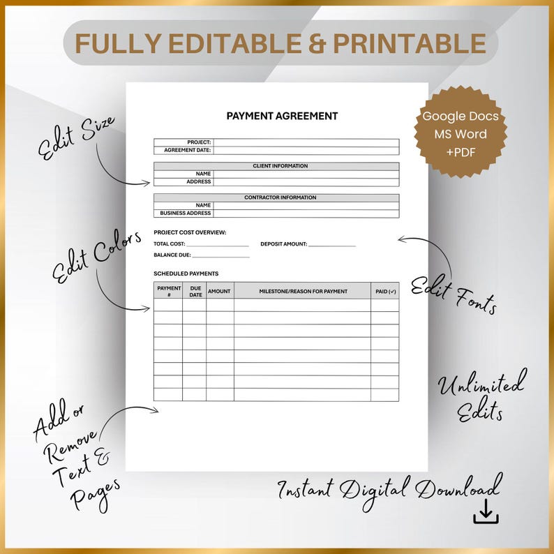 Payment Agreement, Contractor Agreement to Pay, Work Contract Template ...