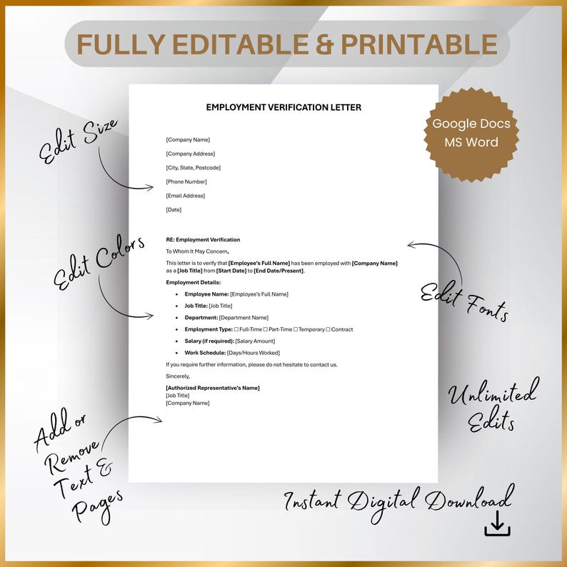 Editable Employment Verification Letter Template (instant Download) - Etsy