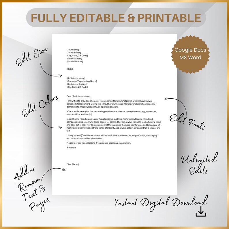 Character Reference Letter Template | Editable Professional ...