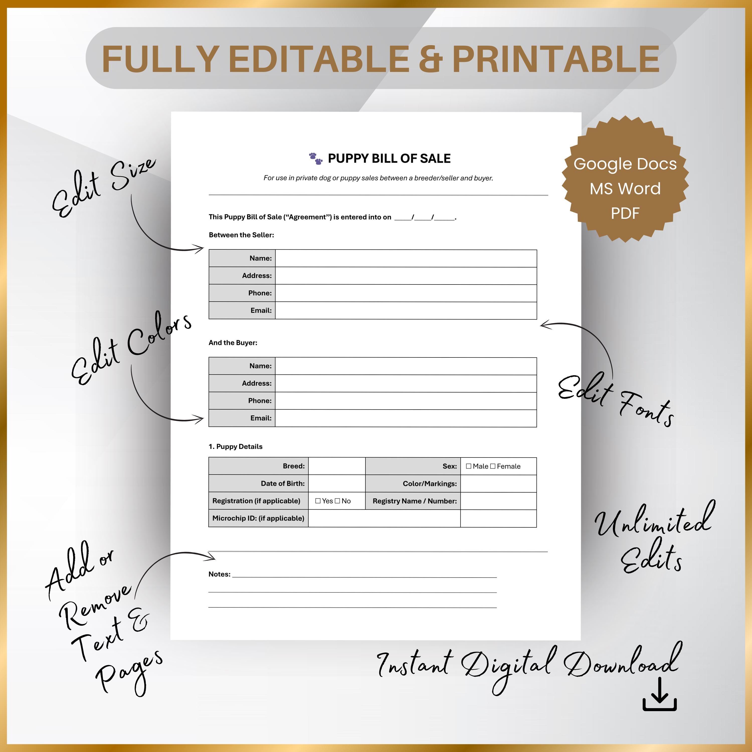 Puppy Bill of Sale | Dog Sale Agreement Template | Pet Purchase ...