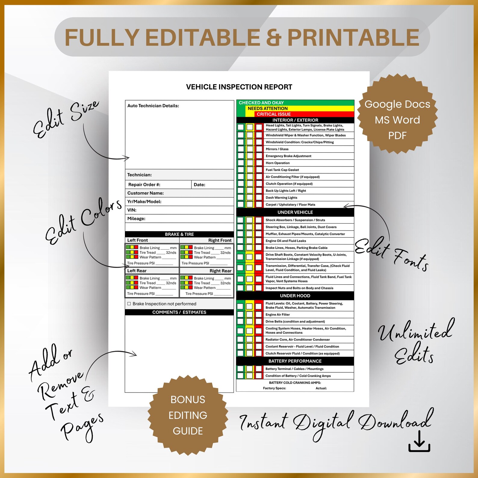 Vehicle Inspection Report, Auto Repair Checklist, Mechanic Inspection ...
