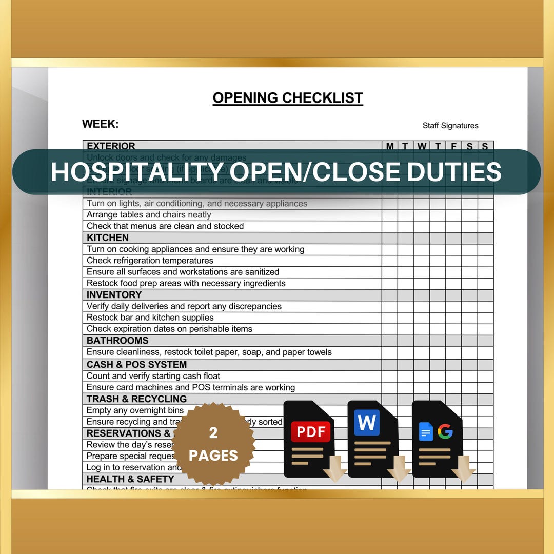 Restaurant Opening and Closing Checklist, Bar Shifts, Cafe Waiter Staff ...