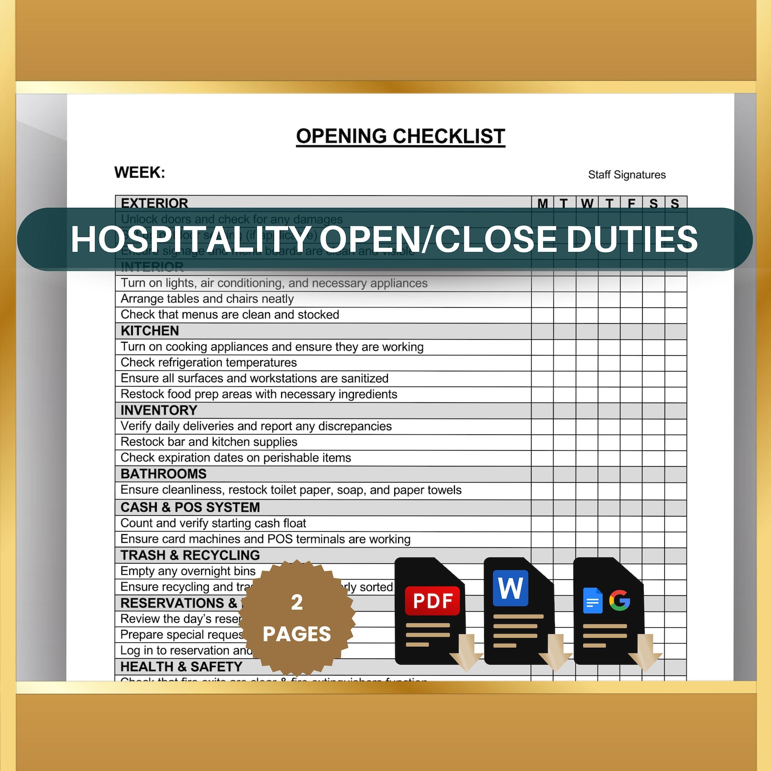 Restaurant Opening Closing Checklist: Waiter Staff Duties (PDF, Word ...