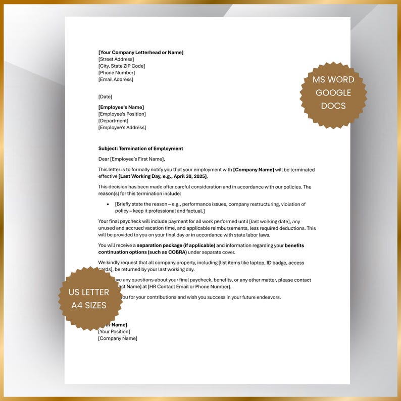 Termination Letter Exit Template | Employee Dismissal Form | HR ...