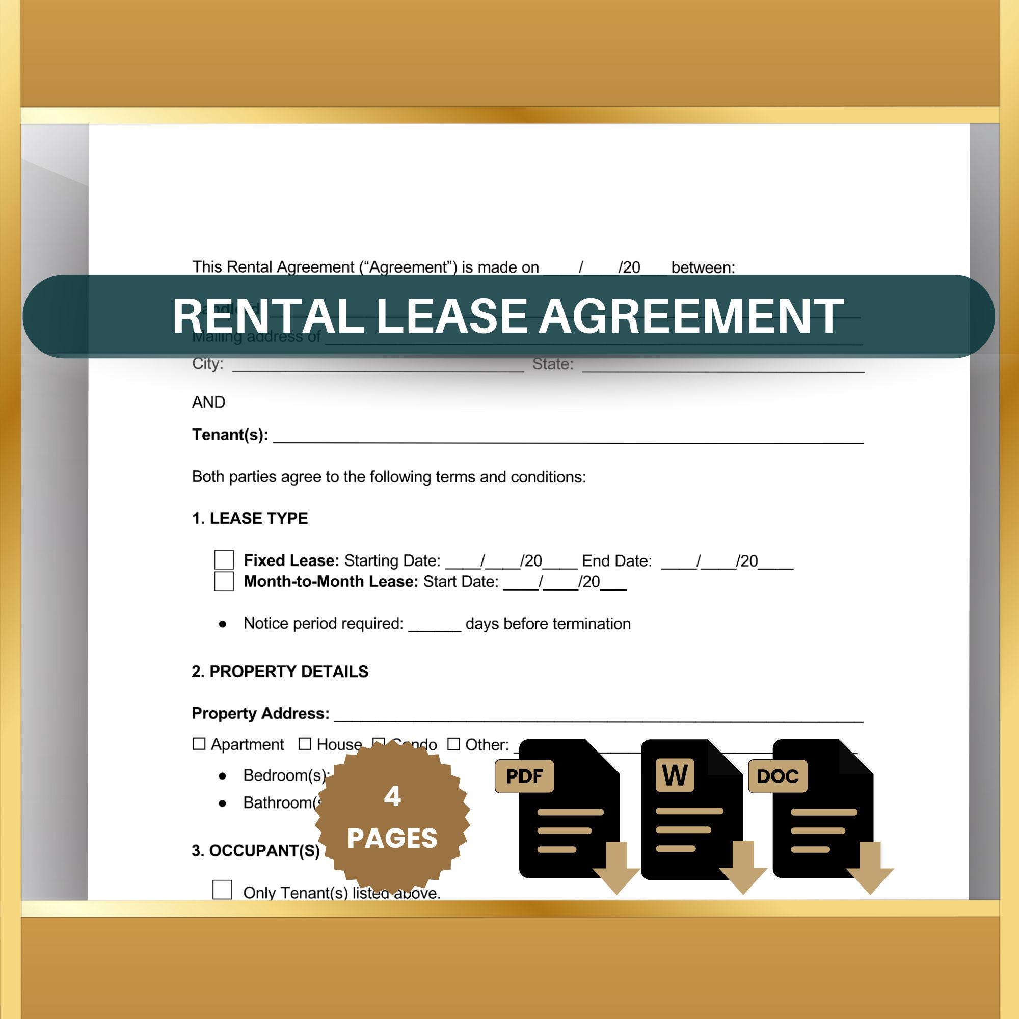 Rental Lease Agreement Template, Residential Lease for Tenant, Landlord ...