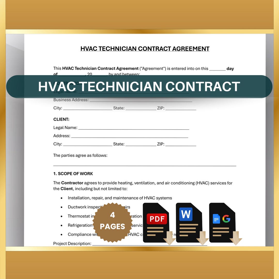 HVAC Technician Contract Template: Editable Heating and Cooling System ...