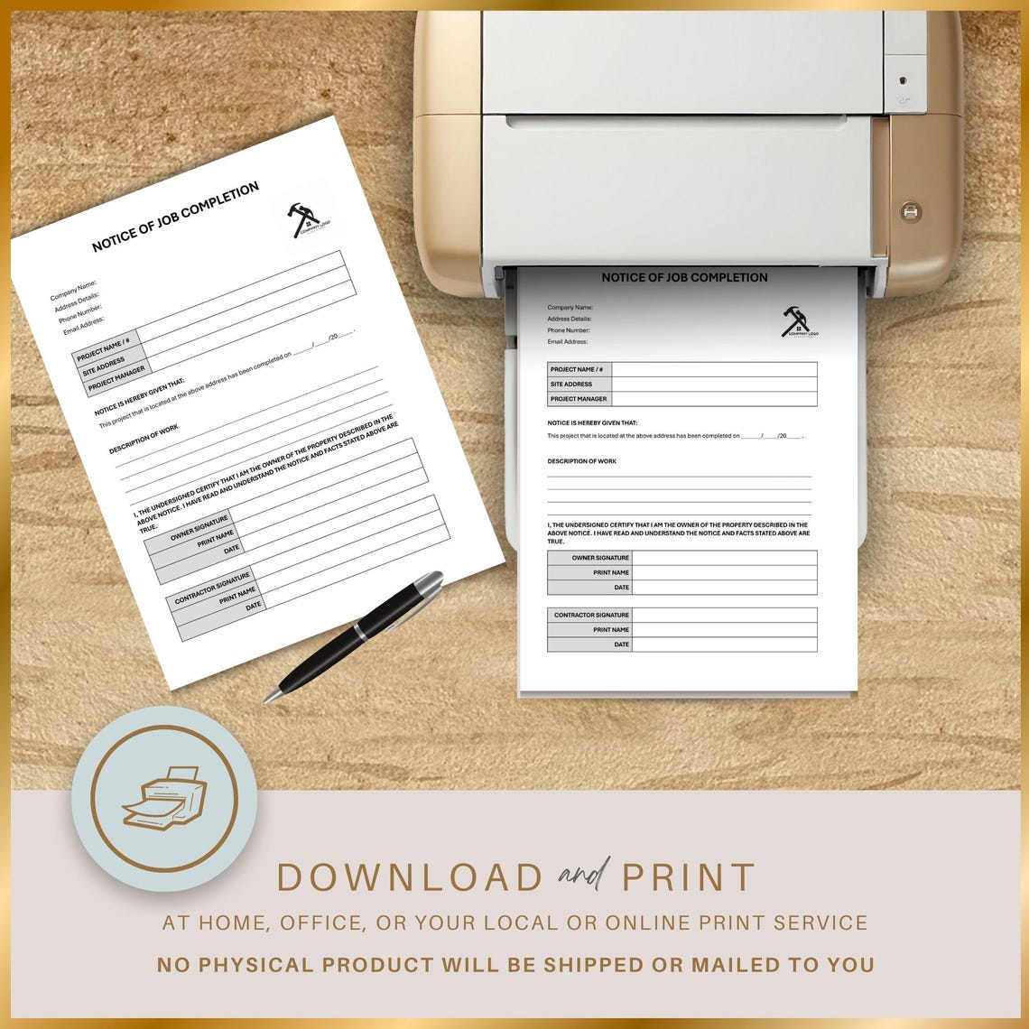 Notice of Job Completion, Construction Completion Form, Contractor Work ...