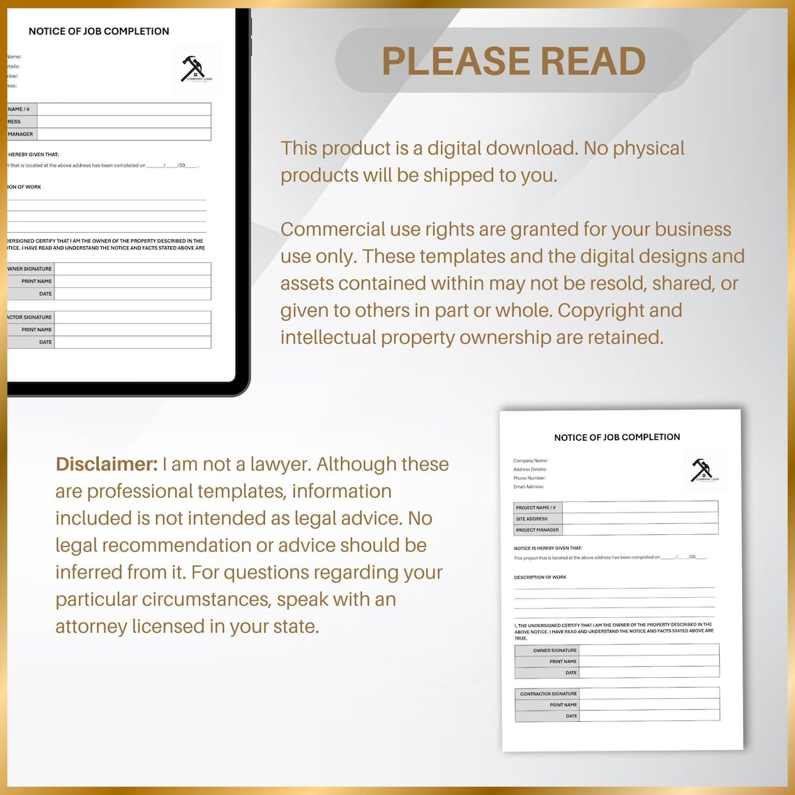Notice of Job Completion, Construction Completion Form, Contractor Work ...