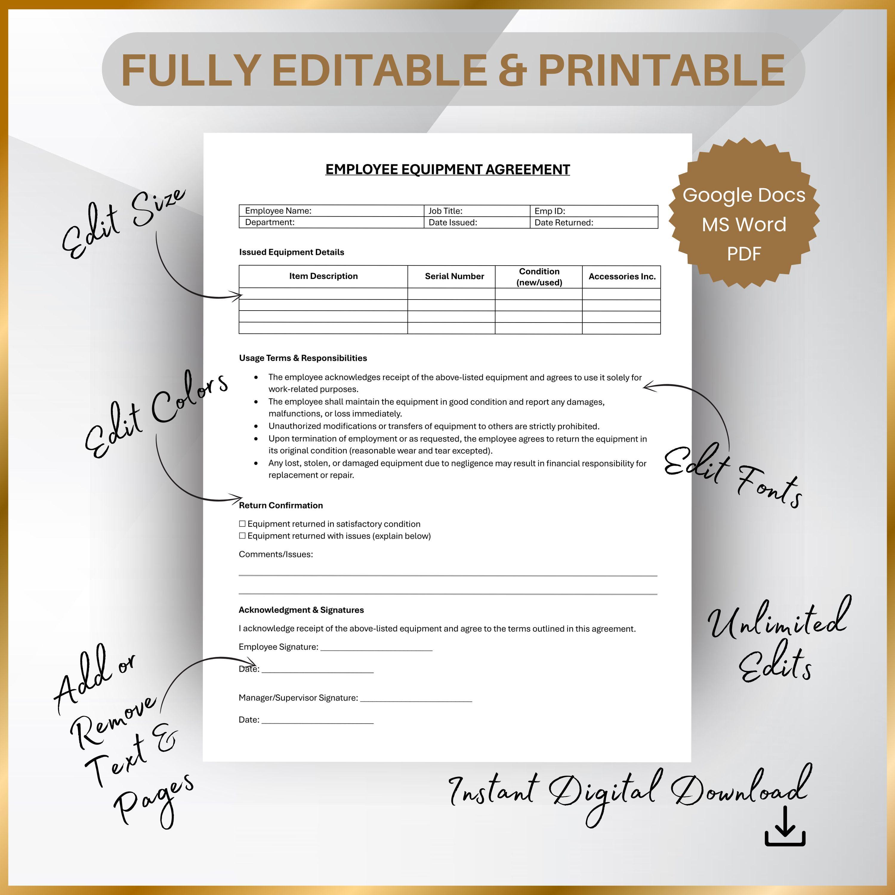 Employee Equipment Agreement Template: Workplace Device Asset Form ...