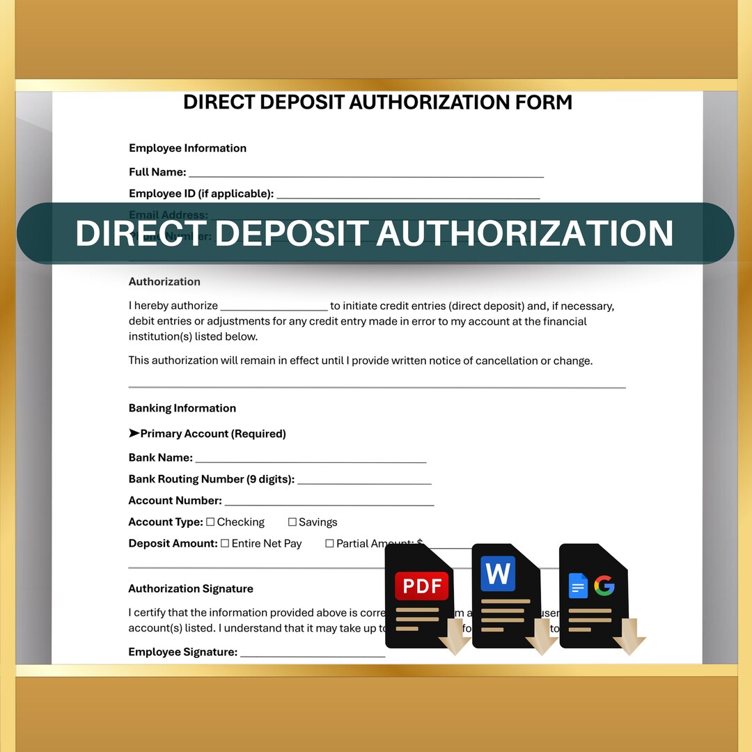 Direct Deposit Authorization Form: Payroll Deposits Banking, HR ...