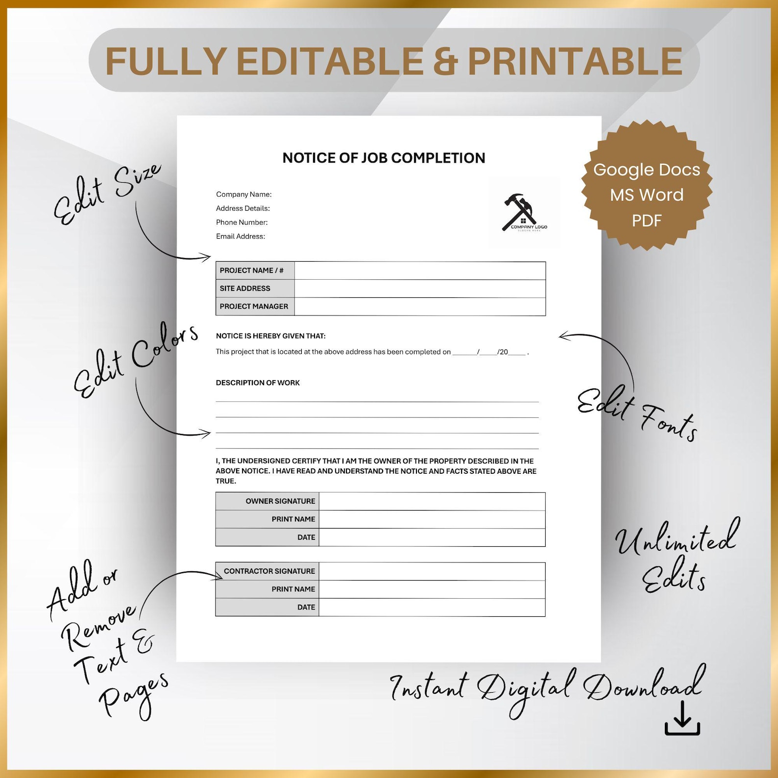 Notice of Job Completion, Construction Completion Form, Contractor Work ...