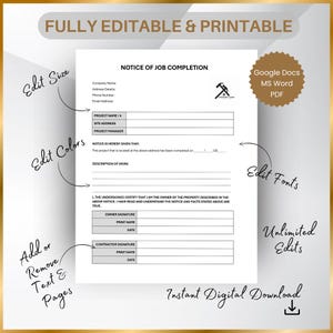 Notice of Job Completion, Construction Completion Form, Editable ...