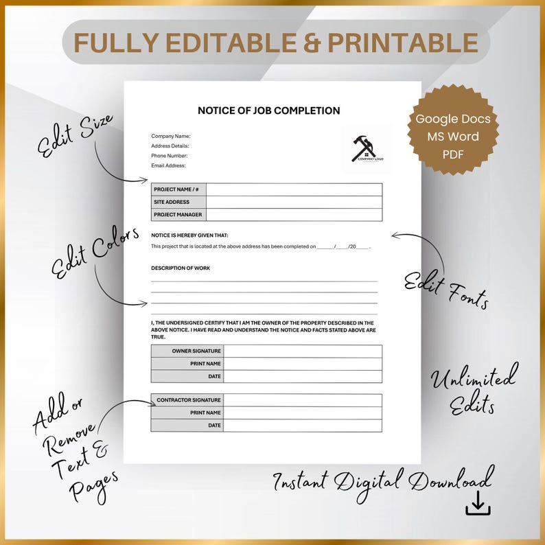 Notice of Job Completion, Construction Completion Form, Editable ...