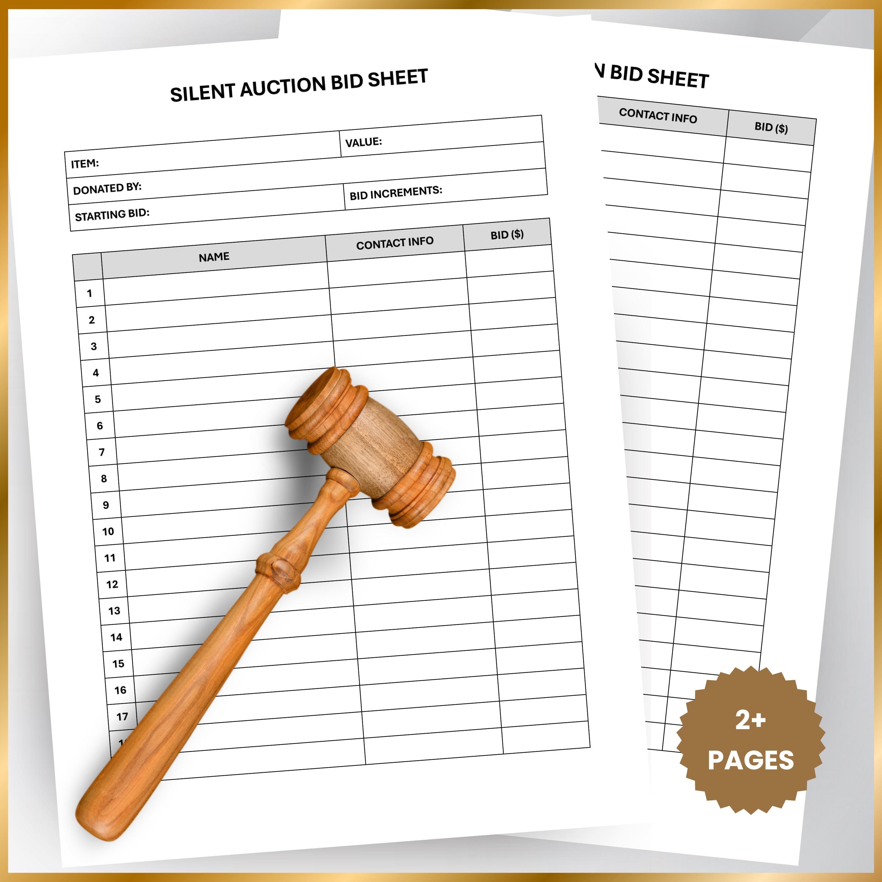 Silent Auction Bid Sheet Template, Bidding Form Record (printable PDF ...