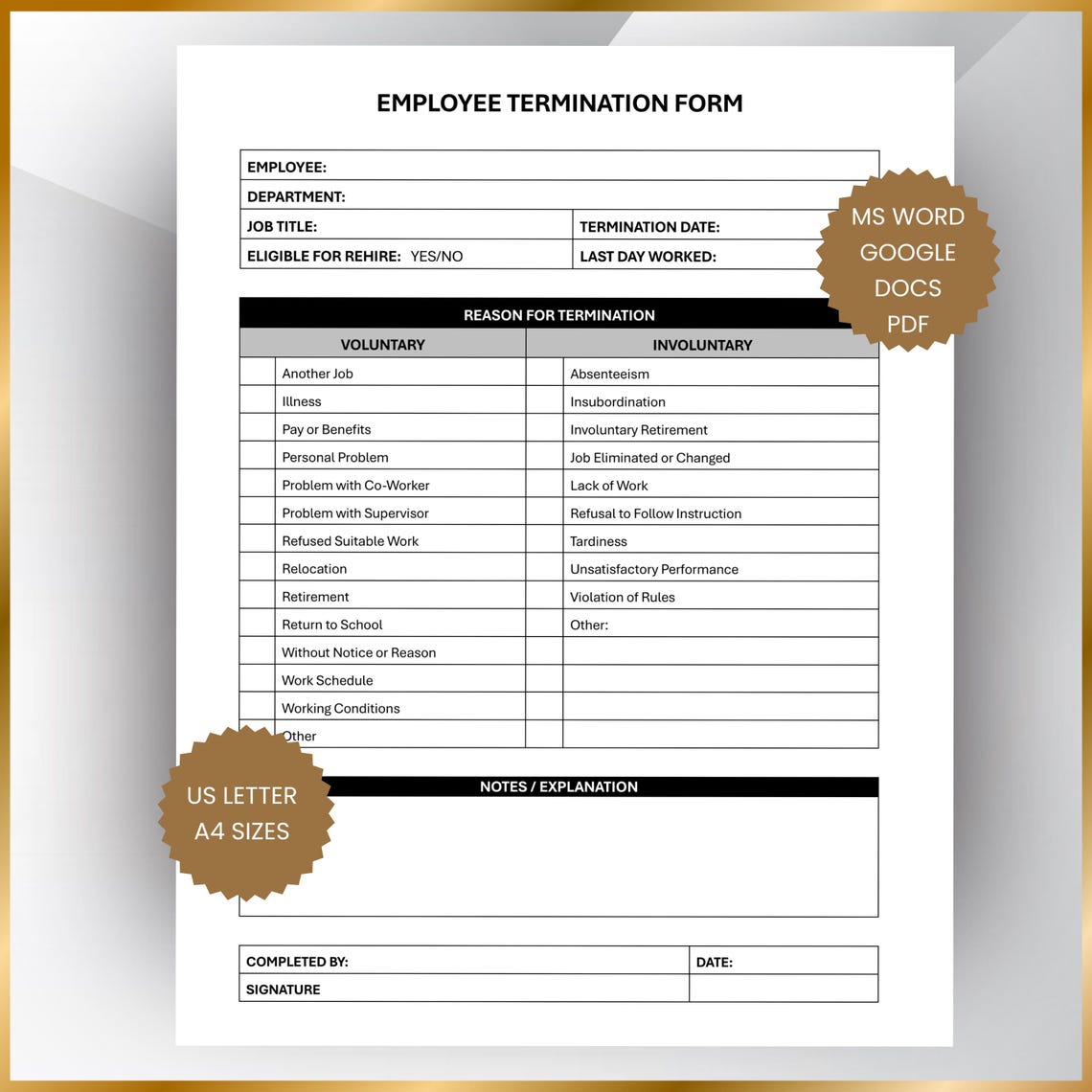 Employee Termination Form | Editable HR Template | Staff Exit Document ...