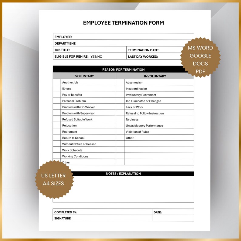 Employee Termination Form | Editable HR Template | Staff Exit Document | HR Manager Tool ...