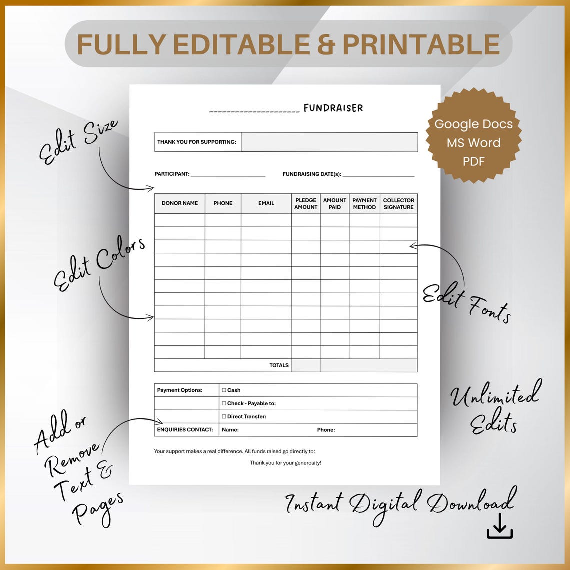 Fundraiser Form Template — Donation Tracker, Pledge Sheet (word, Google ...