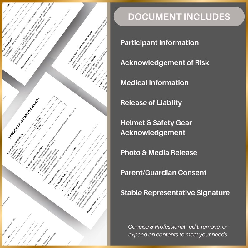 Horse Riding Liability Waiver: Equine Release Consent Form (printable ...
