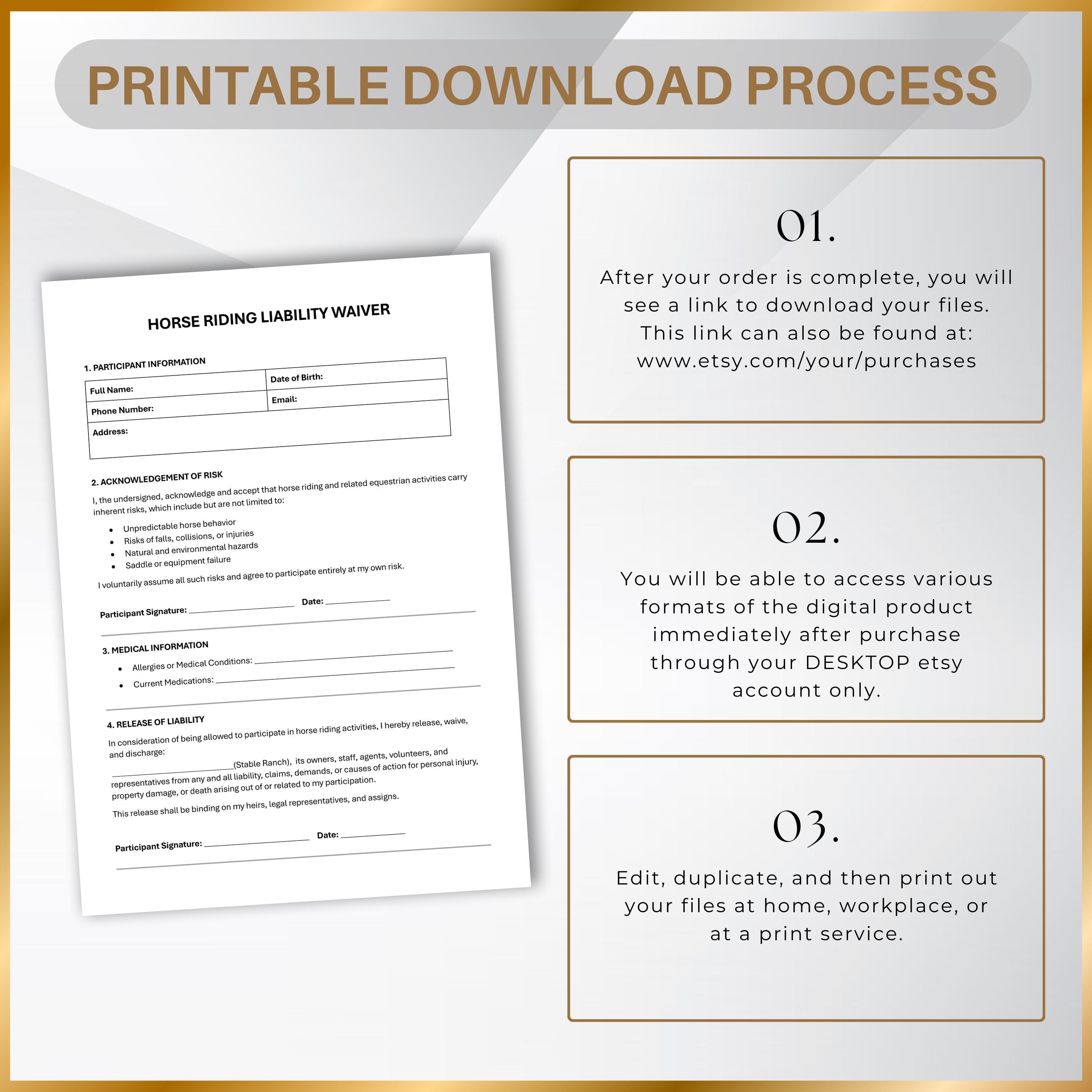 Horse Riding Liability Waiver: Equine Release Consent Form (printable ...