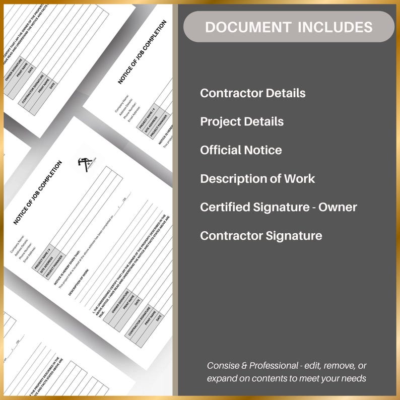Notice of Job Completion, Construction Completion Form, Editable ...