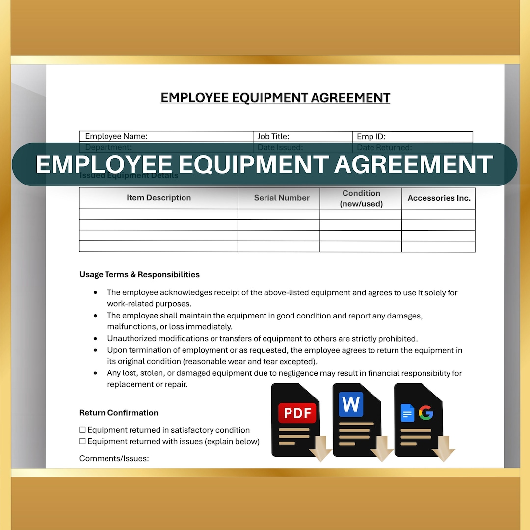 Equipment Agreement for Employee, Workplace Asset Form, Equipment Check ...