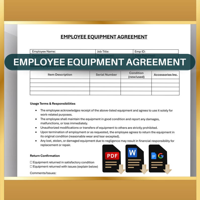 Employee Equipment Agreement Template: Workplace Device Asset Form (printable PDF, Editable Word ...