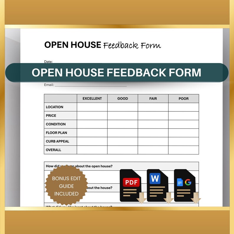 Open House Feedback Form: Editable Realtor Survey (printable PDF, Word ...