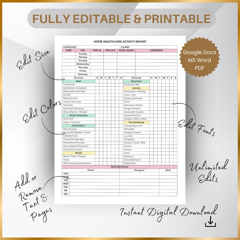 Caregiver Task Report Template: Home Health Care Checklist, Senior ...